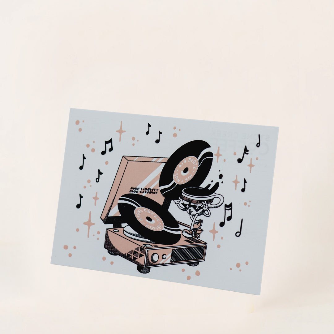 HIGH FIDELITY HIGH CAFFEINE RECORD PLAYER POSTCARD - Stone Creek Coffee
